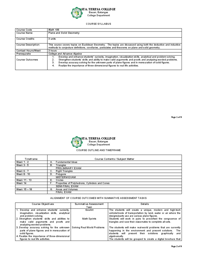 Syllabus Plane and Solid Geometry | PDF | Triangle | Geometry