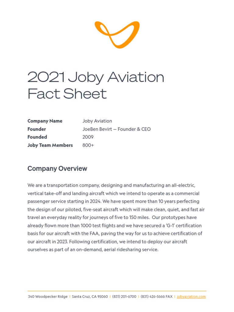 Joby Aviation Company Overview and Specs | PDF | Takeoff | Aircraft