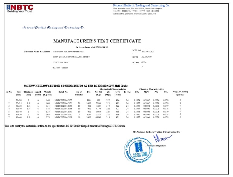 Manufacturer'S Test Certificate: National Builtech Trading and ...