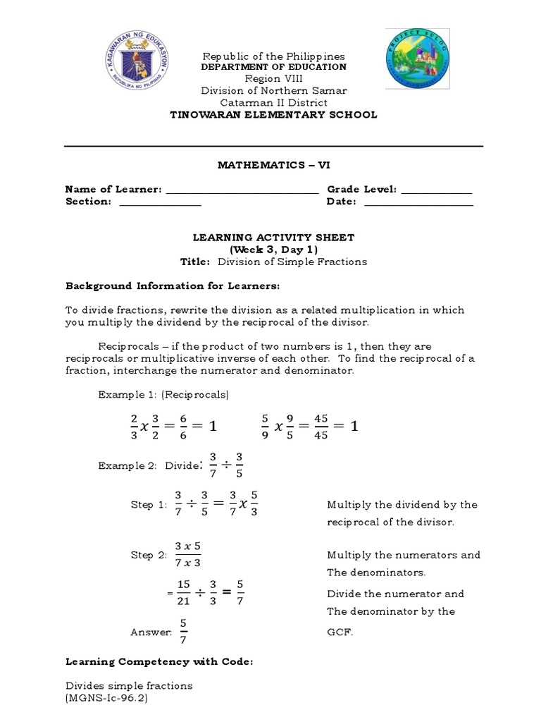 LEARNING ACTIVITY SHEETS-Week 3 Math6 | PDF | Division (Mathematics ...