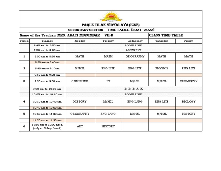 Parle Tilak Vidyalaya: (ICSE) Secondary Section TIME TABLE (2021 - 2022) Class Time Table | PDF