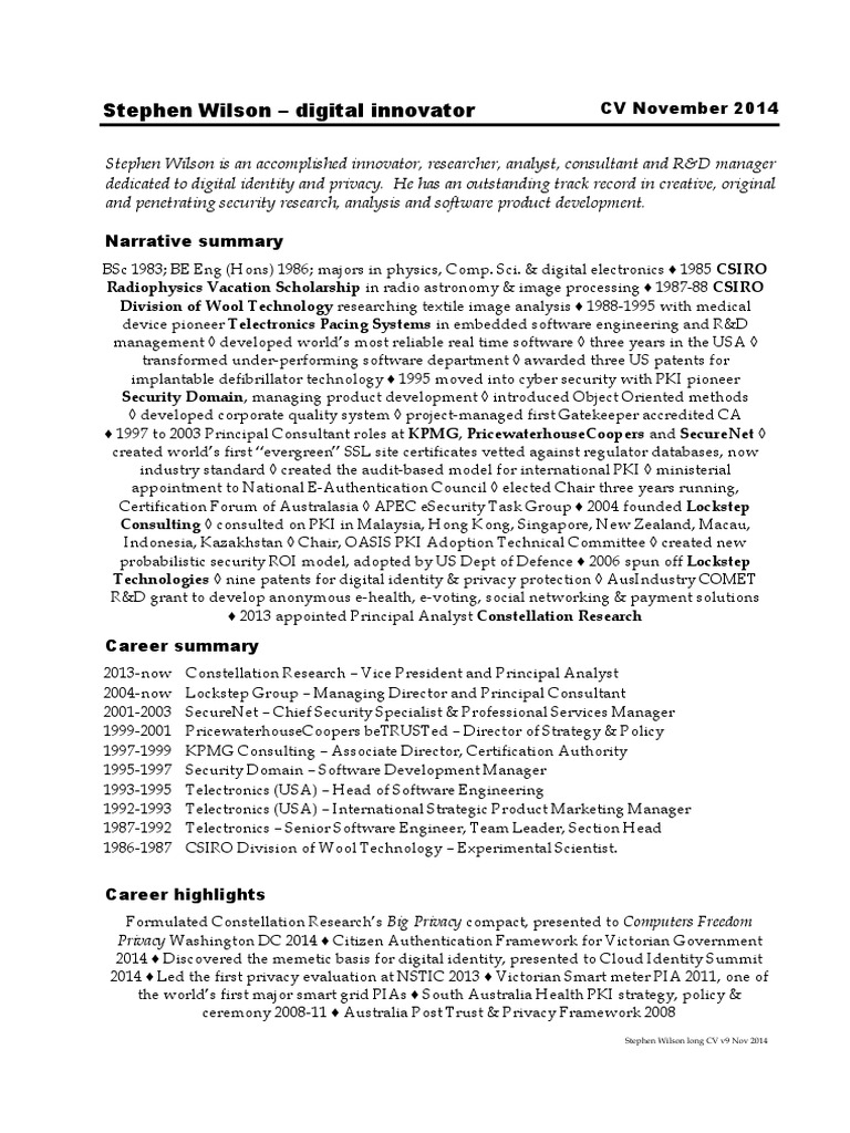 Stephen Wilson: Digital Identity Expert CV | PDF | Smart Card | Privacy