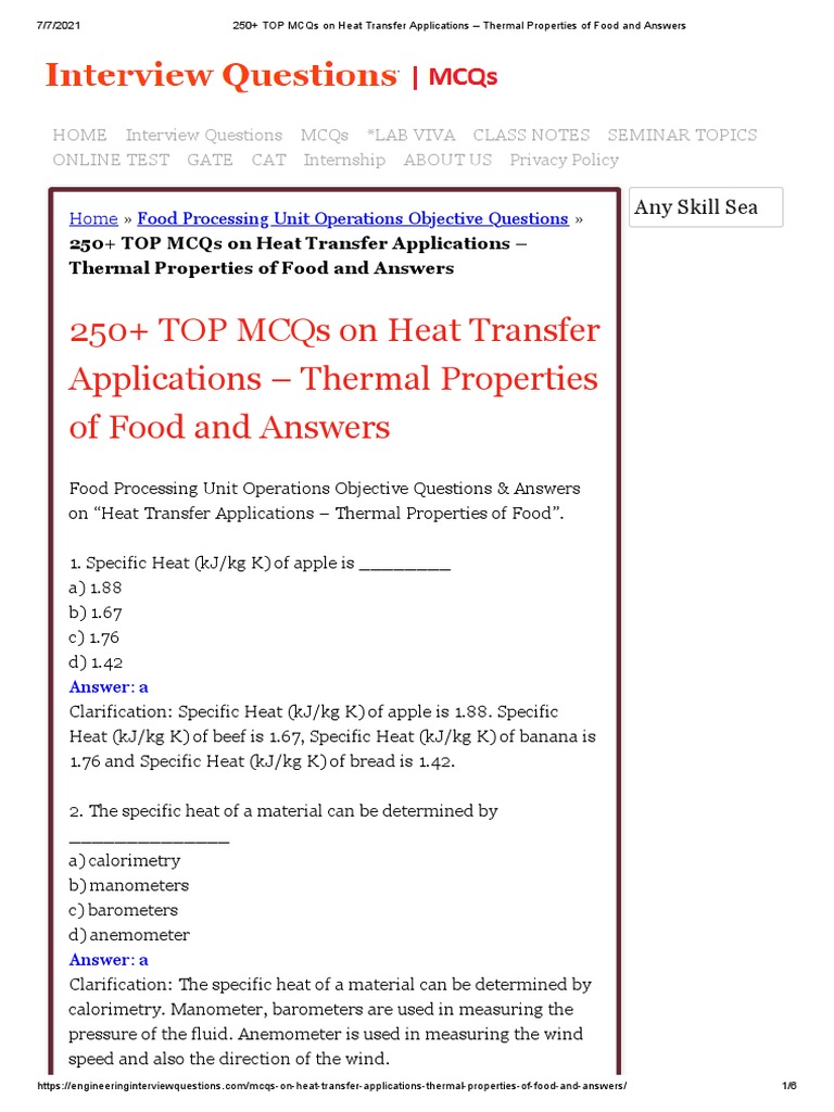 Heat Transfer MCQs for Food Properties | PDF | Science & Mathematics ...