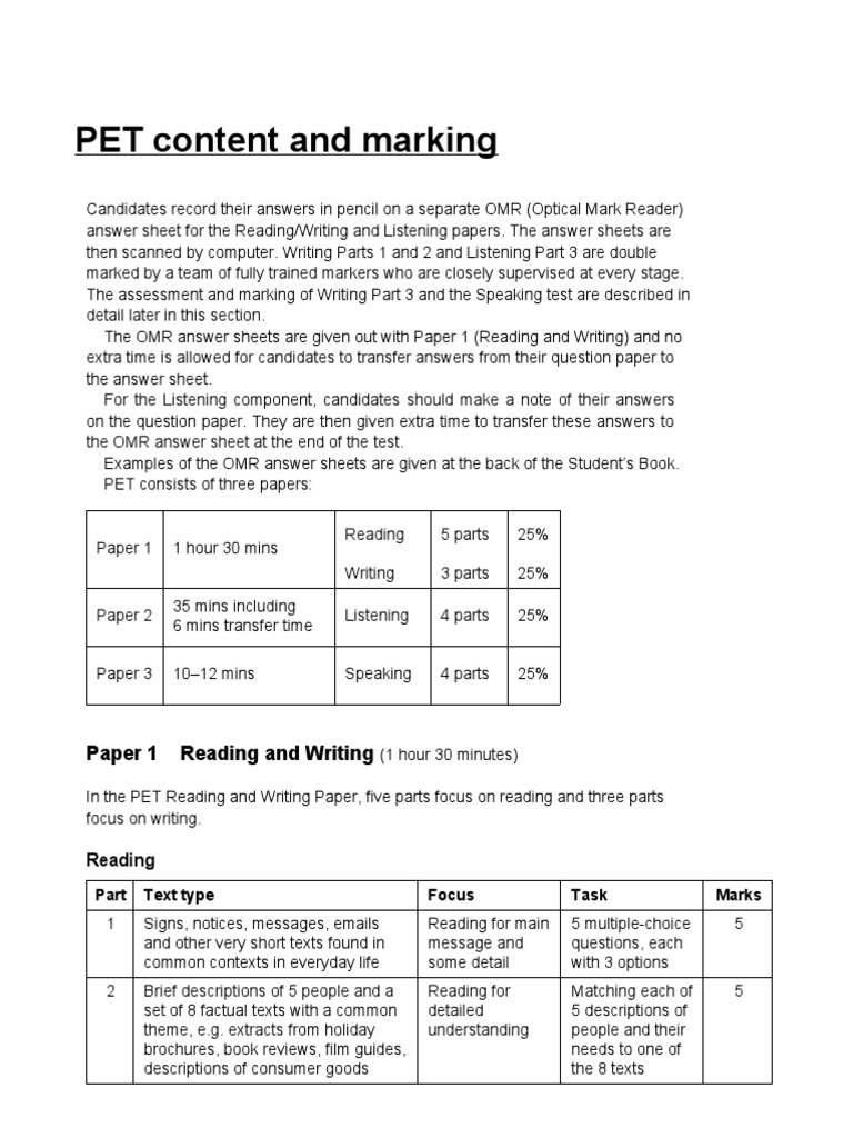 PET Content and Marking: Paper 1 Reading and Writing | PDF | Question ...