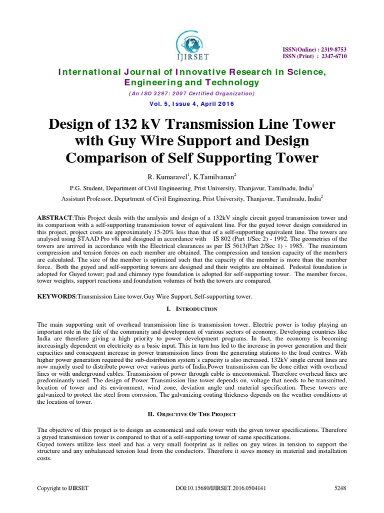 Design of 132 KV Transmission Line Tower With Guy Wire Support and ...