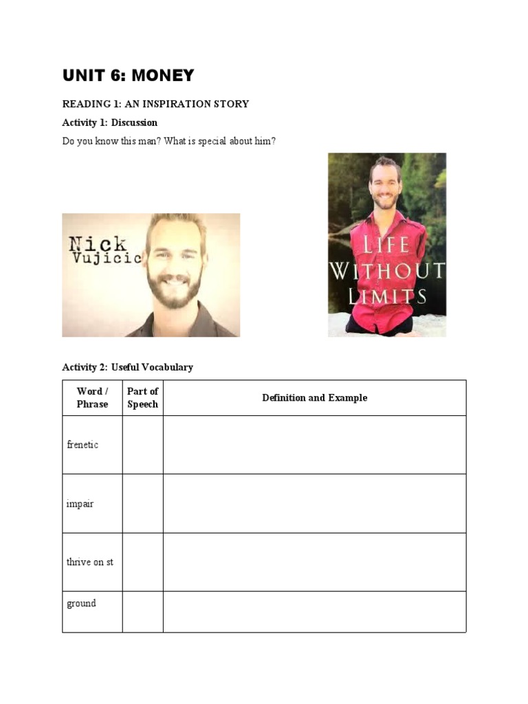 Unit 6: Money: Reading 1: An Inspiration Story Activity 1: Discussion ...