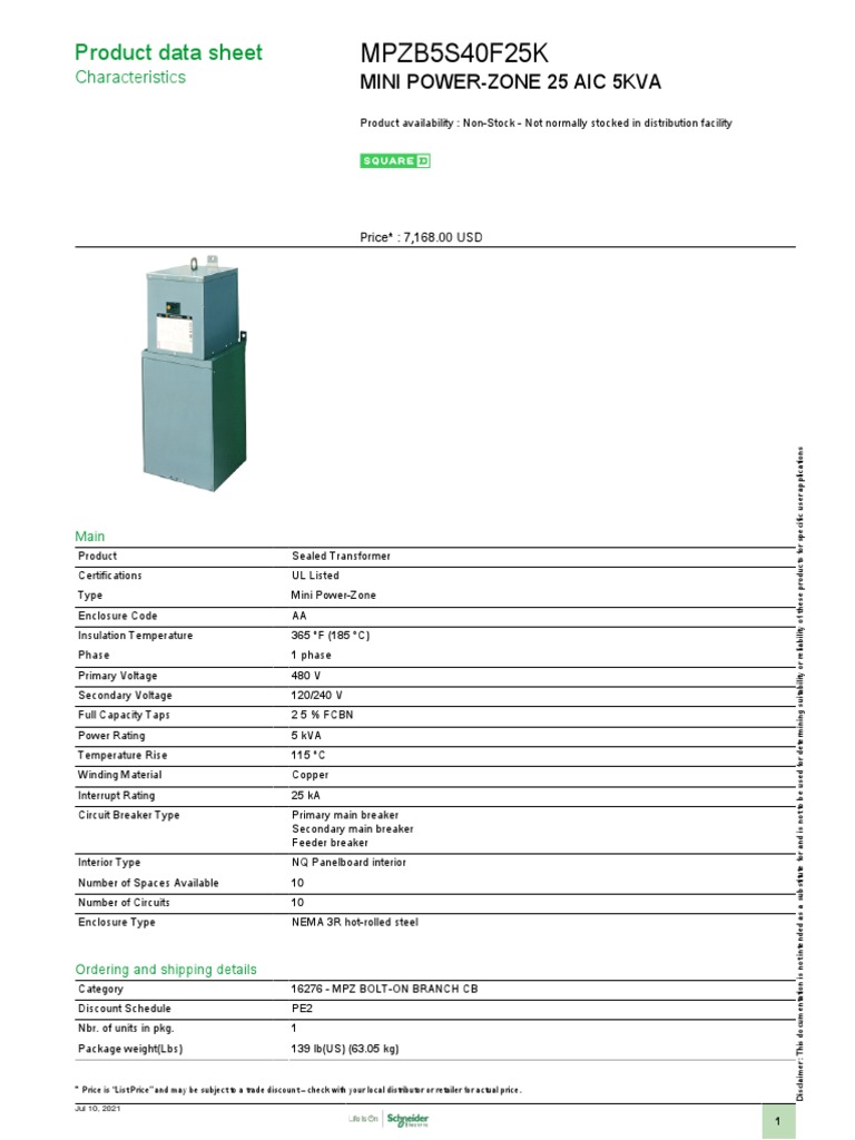 MPZB5S40F25K - 25A 5kVA Mini Power-Zone Data Sheet | PDF | Transformer | Manufactured Goods