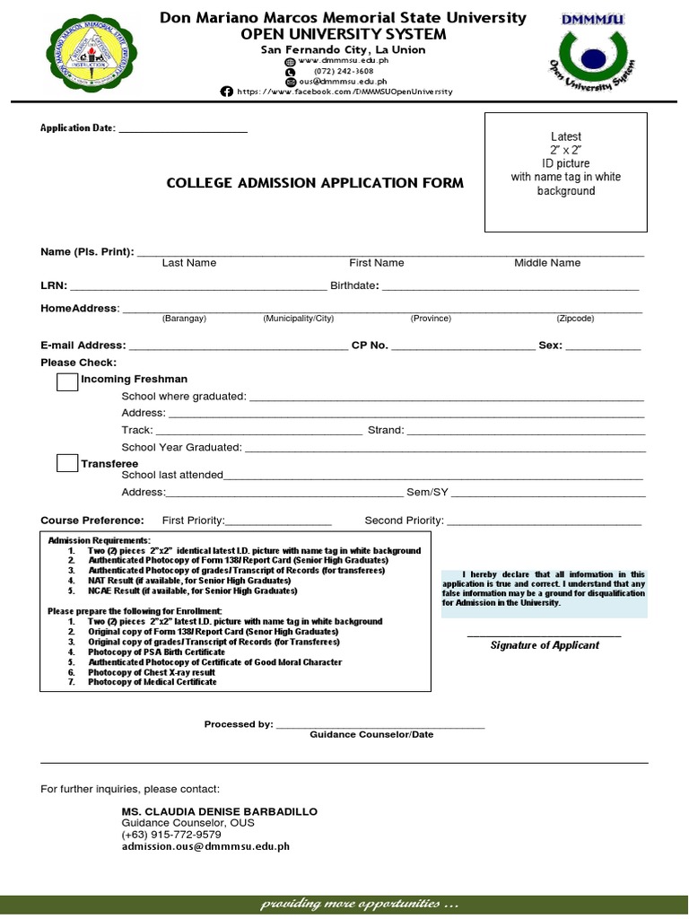 College Admission Application Form: Latest 2" X 2" ID Picture With Name ...