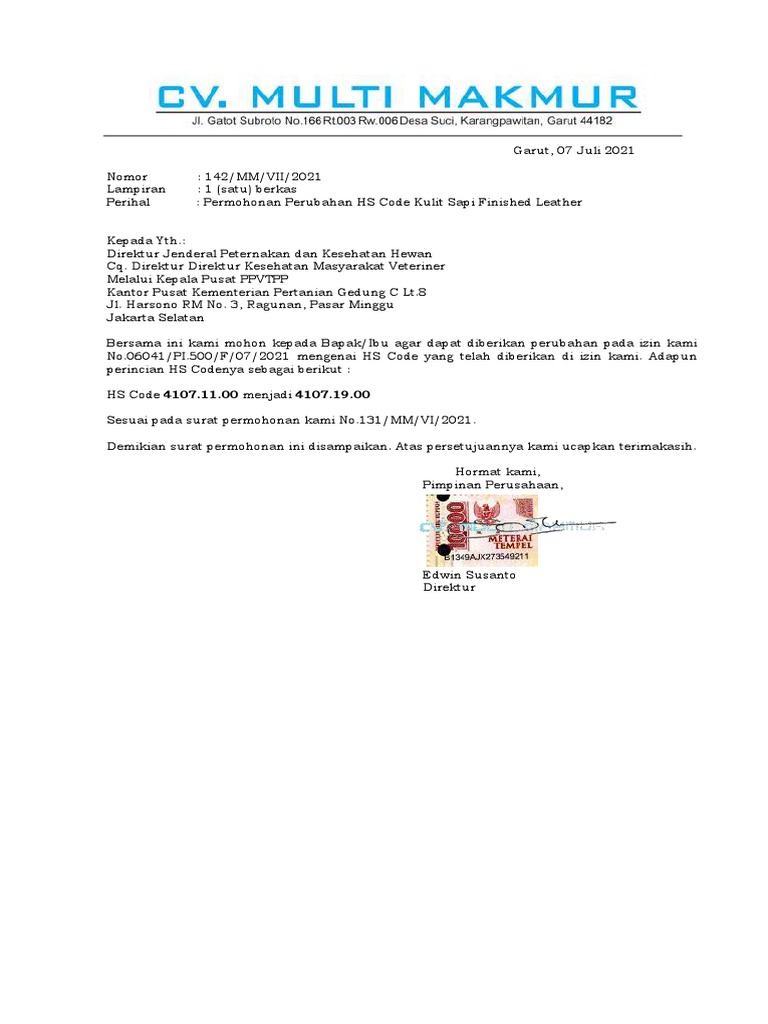 142 - Permohonan Perubahan HS Code Kulit Sapi Finished Leather | PDF ...