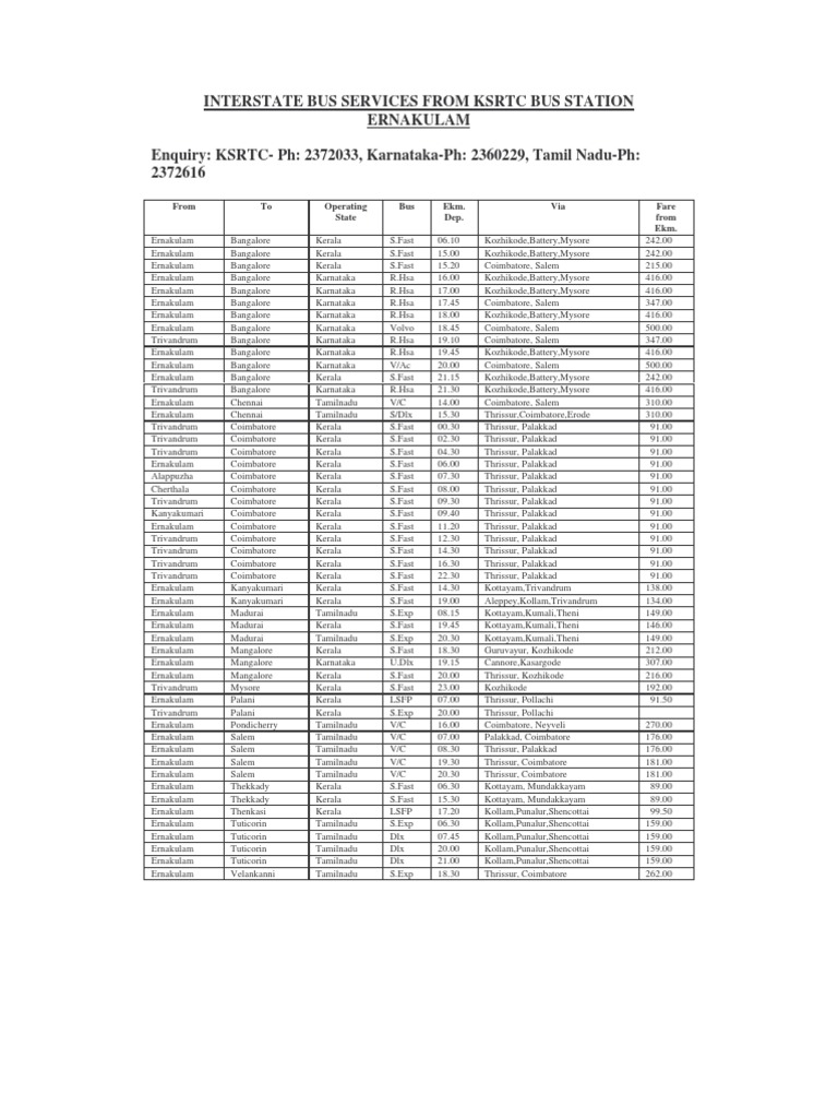 KSRTC Ernakulam Bus Timetable | PDF | Kerala | Bus Transport