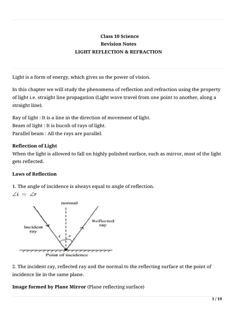 Class 10 Science Revision Notes Light Reflection & Refraction | PDF ...