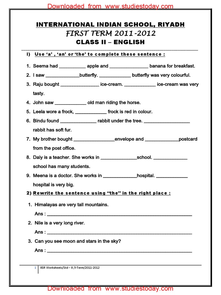 Class 2 English Worksheets IISR | PDF | Career & Growth