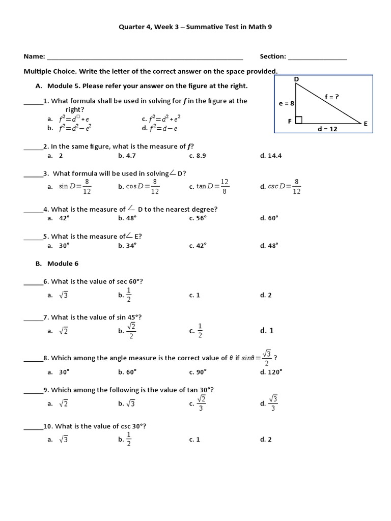 Assessment in Trigonometric Ratios | PDF | Sine | Trigonometric Functions