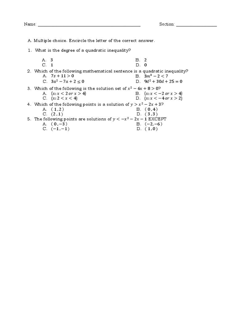 Quadratic Inequality Multiple Choice Quiz | PDF | Algebra | Discrete ...
