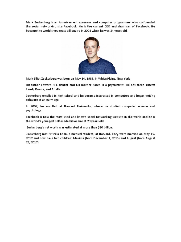 Mark Zuckerberg: Biography and Milestones | PDF | Social Science