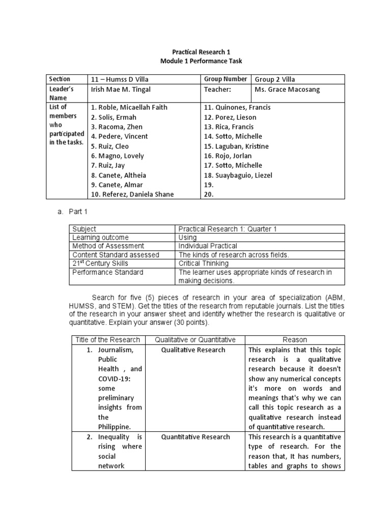 Practical Research 1 Module 1 Performance Task | PDF | Quantitative Research | Data