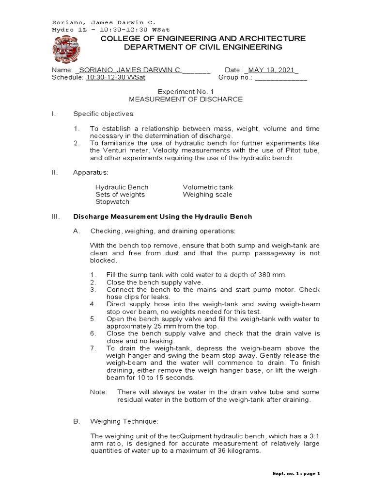 Manual - Laboratory Experiment No. 1 - Measurement of Discharge | PDF ...