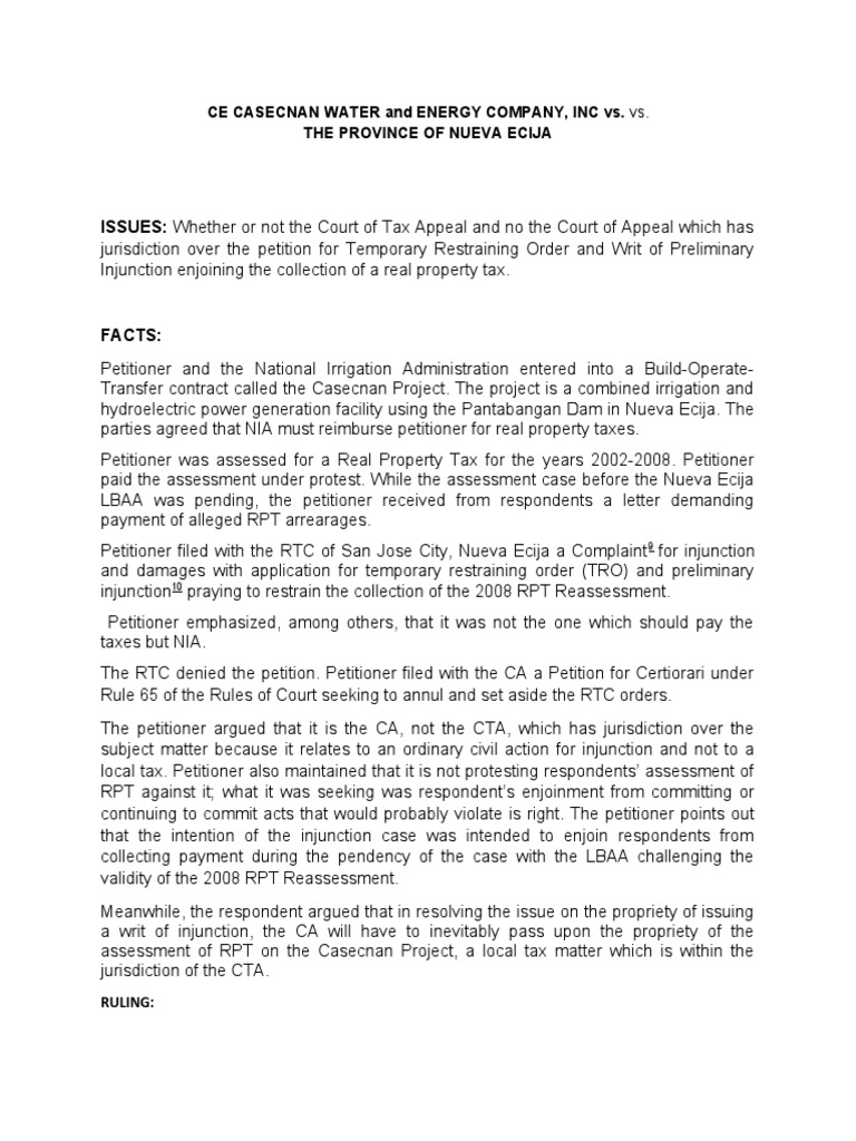 CE CASECNAN WATER and ENERGY COMPANY - Docm | PDF | Injunction | Certiorari