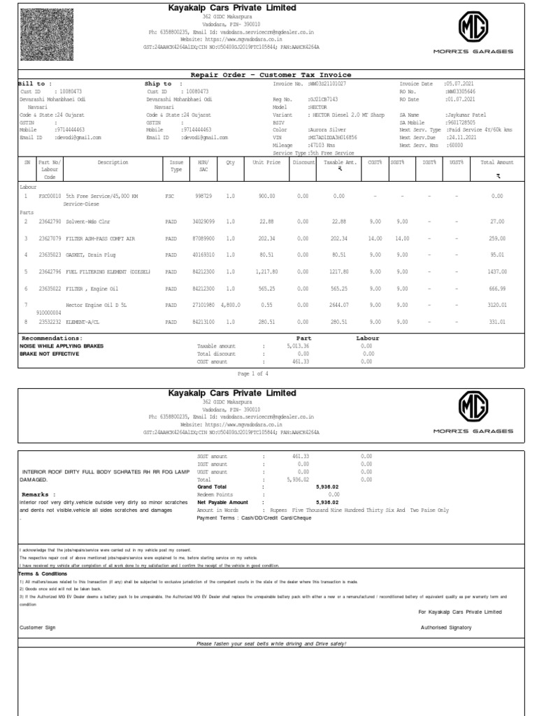 Repair Order - Customer Tax Invoice: Bill To: Ship To | PDF | Vehicles ...