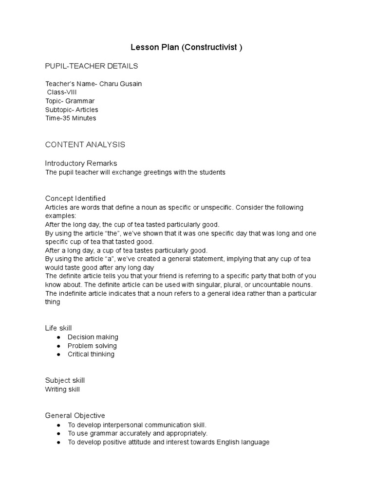 Articles - English Lesson Plan | PDF | Noun | Language Mechanics