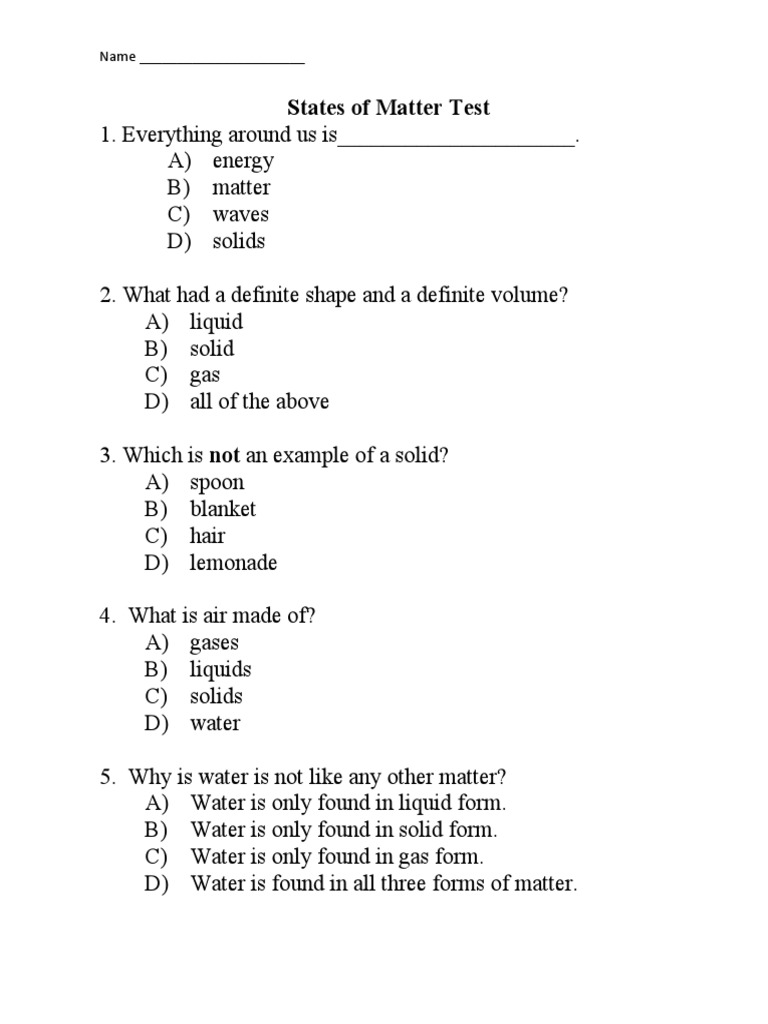 States of Matter Test: Name | PDF