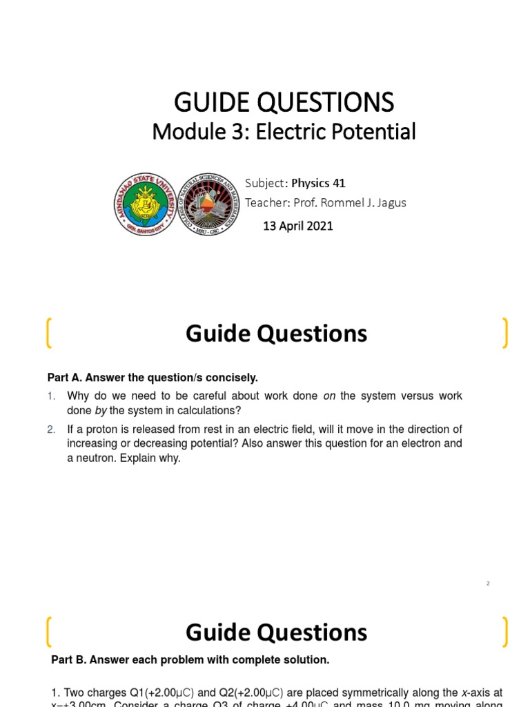 Module 3 - Electric Potential Guide Questions | PDF | Science & Mathematics