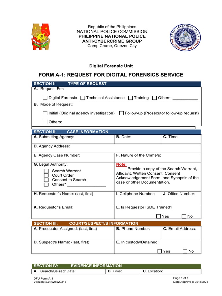 Form A-1: Request For Digital Forensics Service: Philippine National ...
