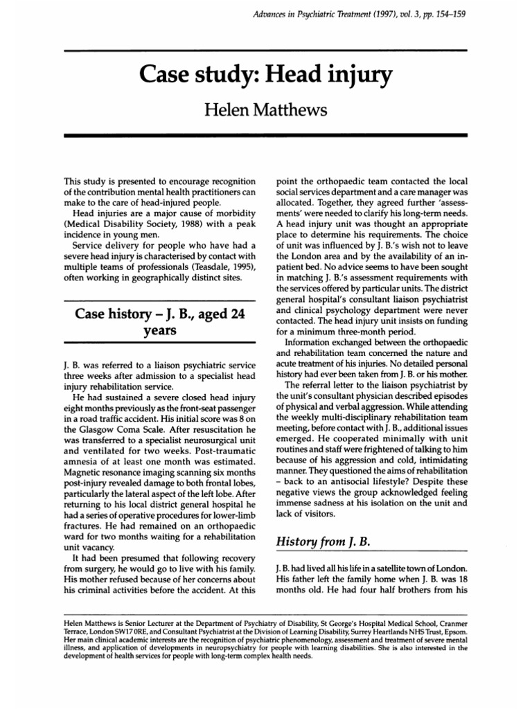 Case Study: Head Injury: Helen Matthews | PDF | Psychiatry | Traumatic ...