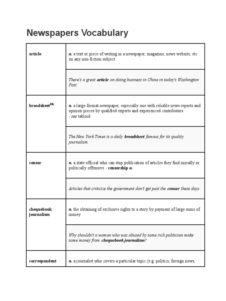 Newspaper Vocabulary Guide | PDF | Newspapers | News