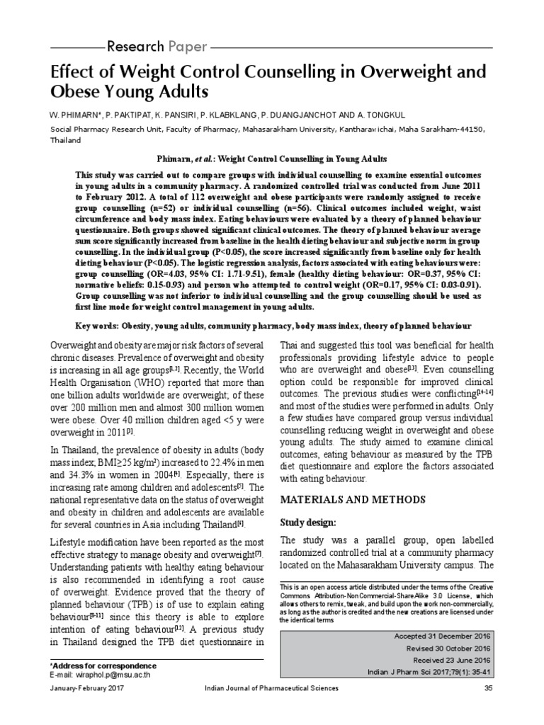 Effect of Weight Control Counselling in Overweight and Obese Young ...