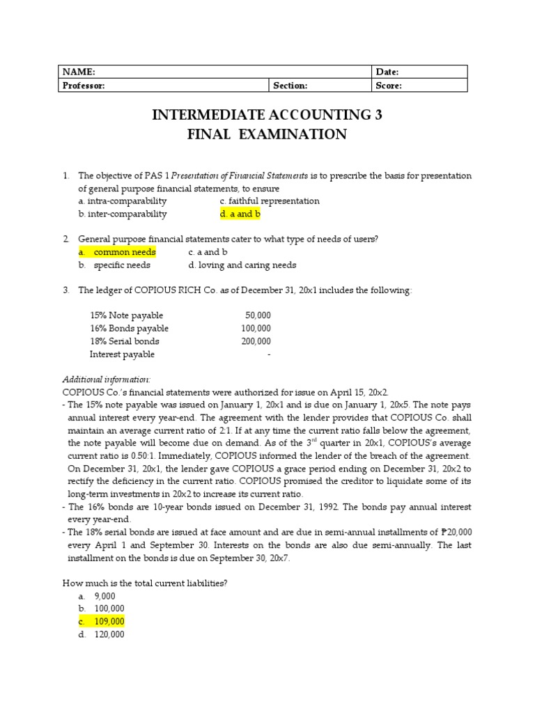 Intermediate Accounting 3 Final Examination: Name: Date: Professor ...