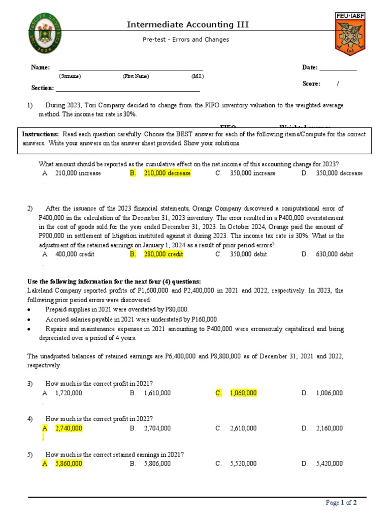 Intermediate Accounting III: Pre-Test - Errors and Changes | PDF ...