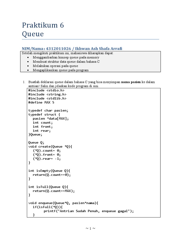 Praktikum 6 Queue: NIM/Nama: 4312011026 / Ikhwan Ash Shafa Arrafi | PDF