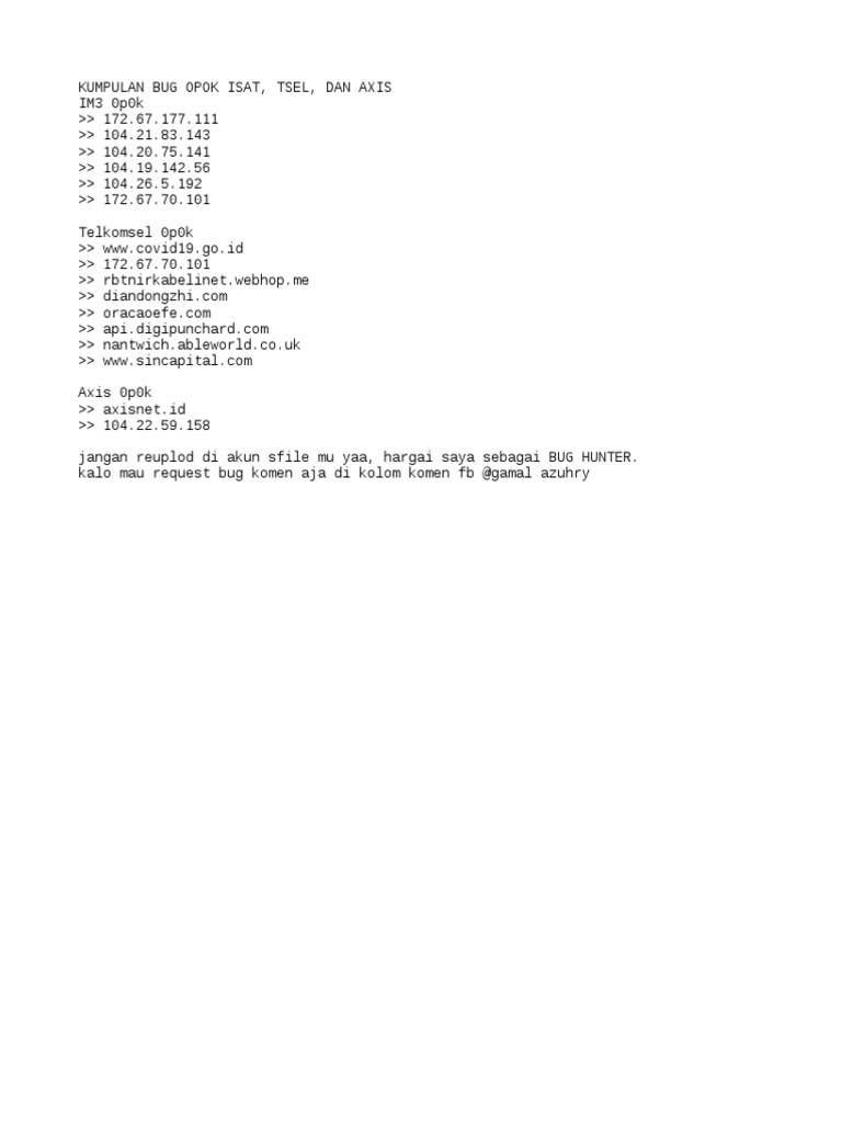 Kumpulan Bug Opok Isat Tsel Dan Axis (Sfile | PDF