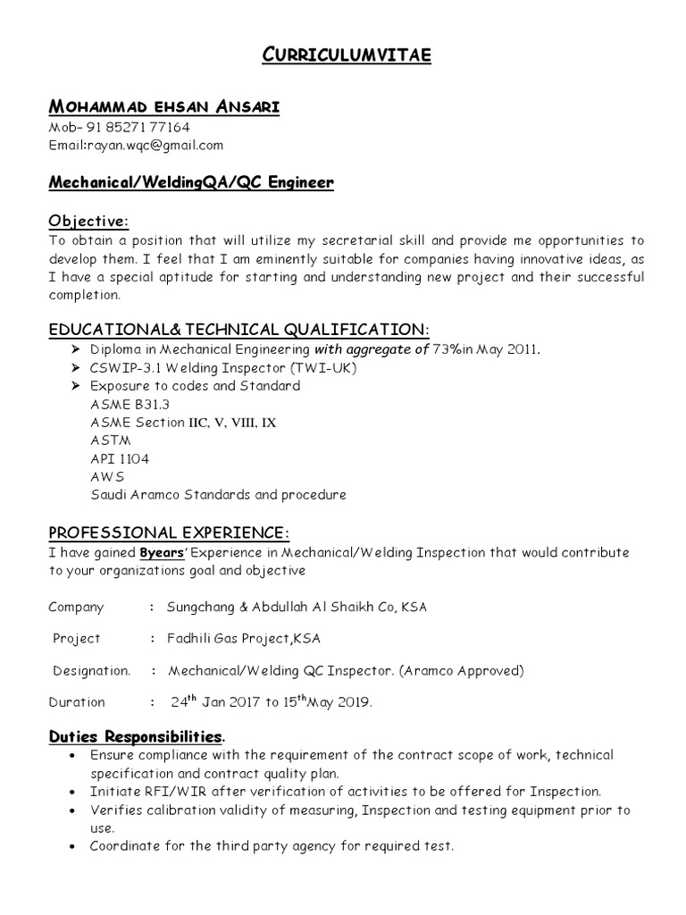 Mech Welding QA QC CV | PDF | Specification (Technical Standard) | Verification And Validation