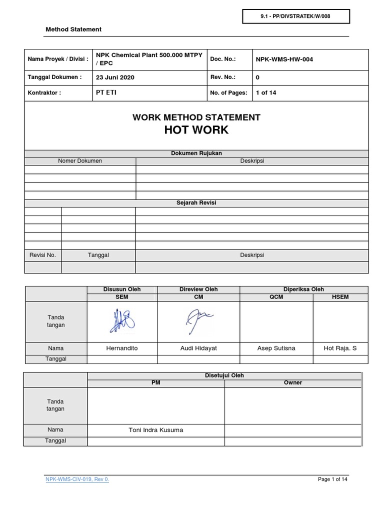 Metode Pelaksanaan Hot Work di Proyek | PDF | Teknologi & Rekayasa