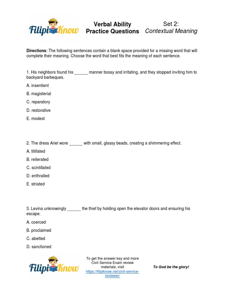 Verbal Ability Practice Questions Set 2 1 | PDF