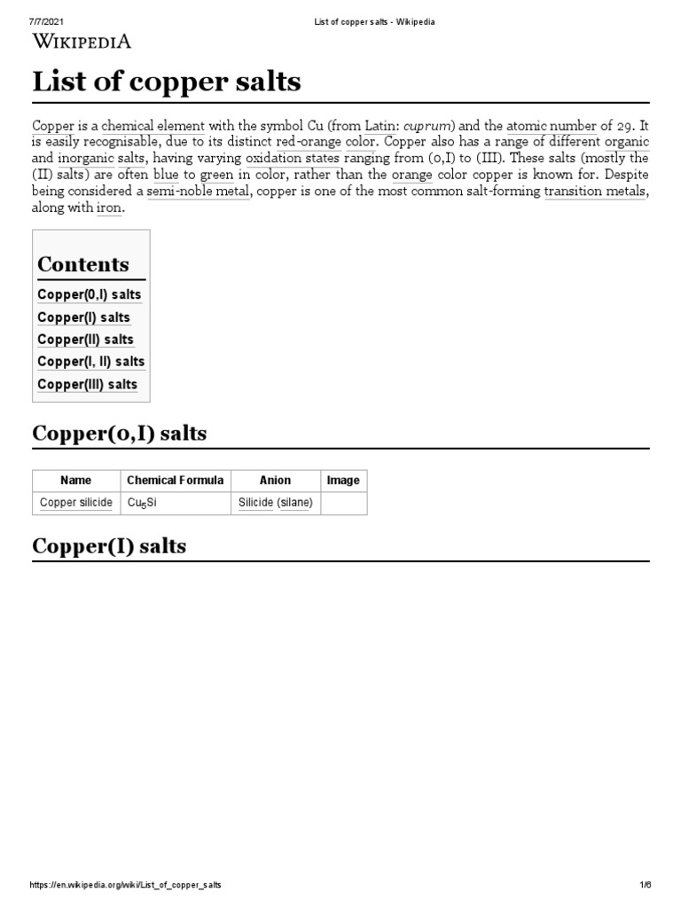 List of Copper Salts - Wikipedia | PDF | Hydroxide | Salt (Chemistry)