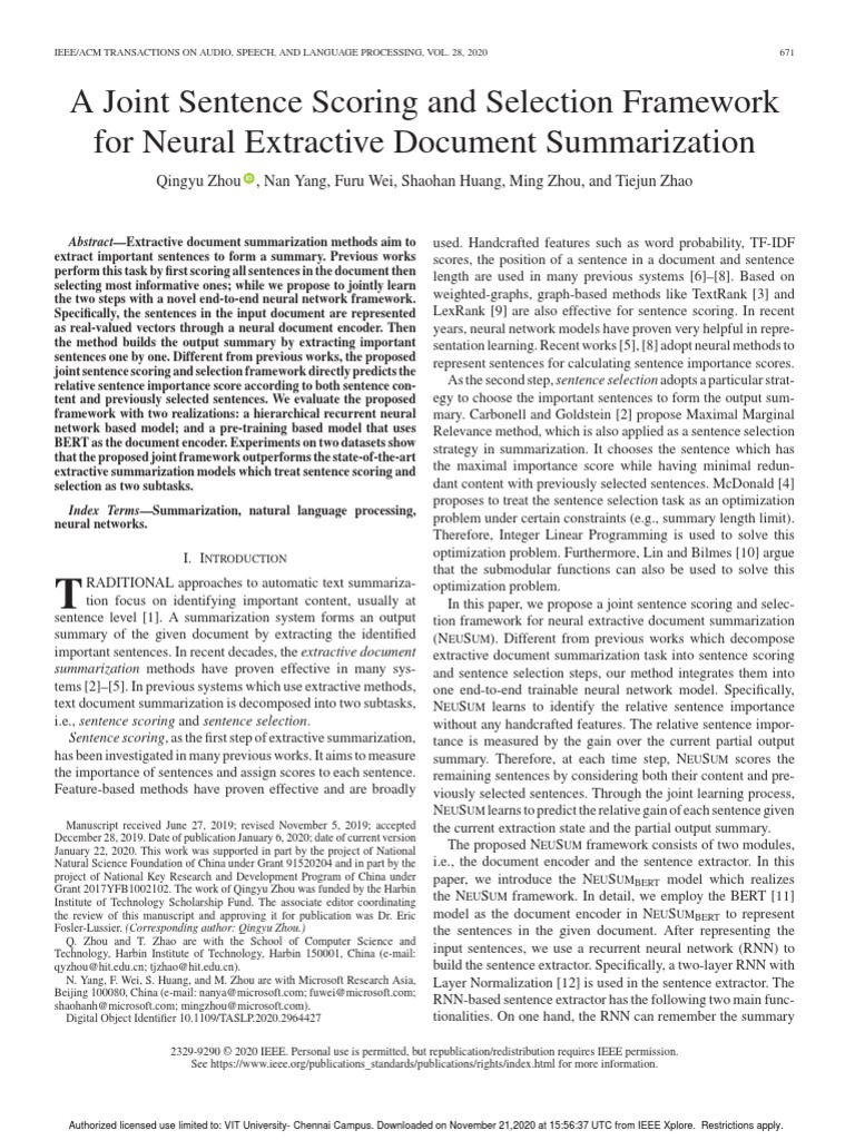 A Joint Sentence Scoring and Selection Framework For Neural Extractive Document Summarization ...