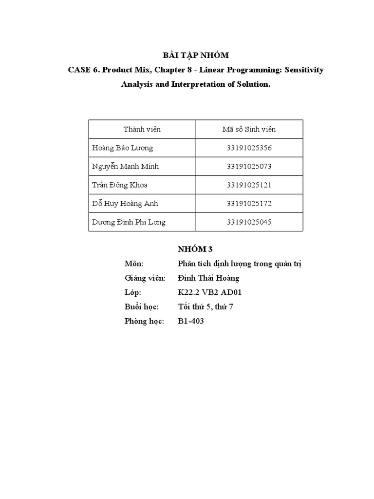 Product Mix, Chapter 8 - Linear Programming: Sensitivity Analysis and Interpretation of Solution ...