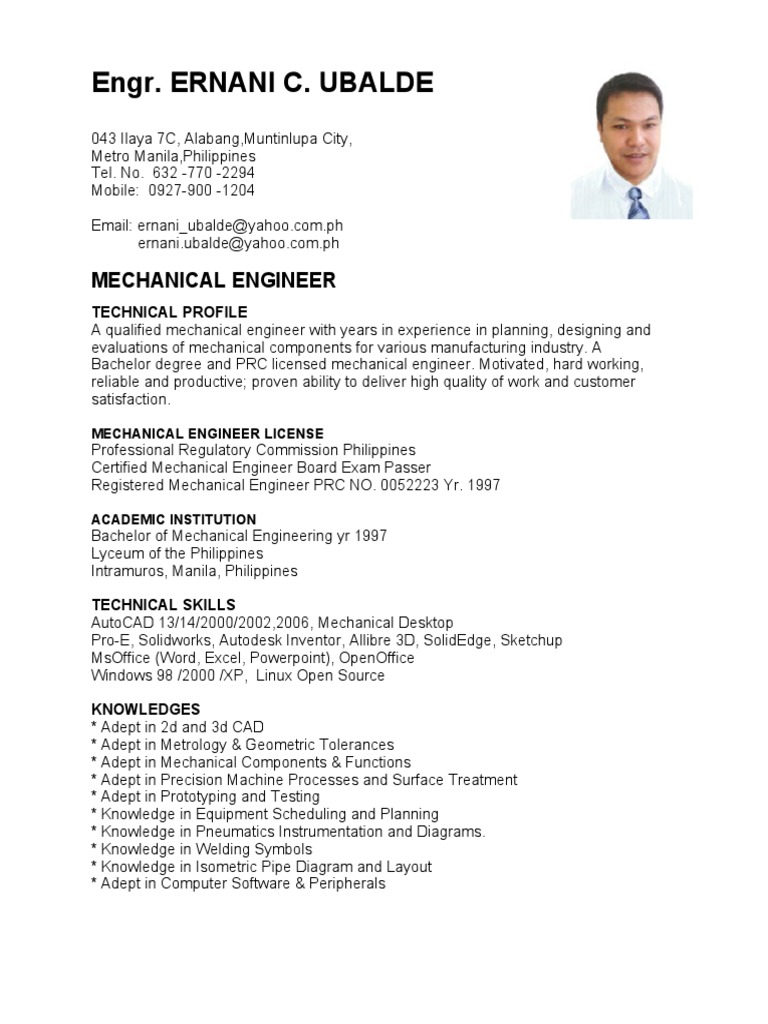 Mechanical Engineer Profile of Ernani C. Ubalde | PDF | Engineer ...