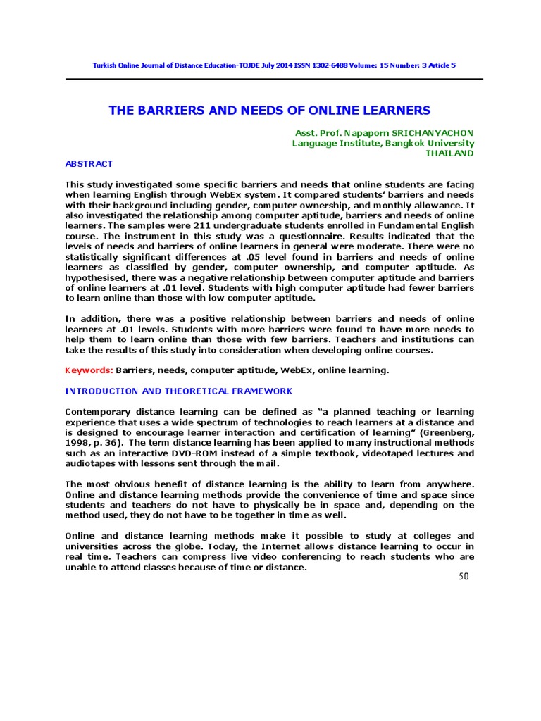 Barriers and Needs of Online Learners | PDF | Distance Education ...