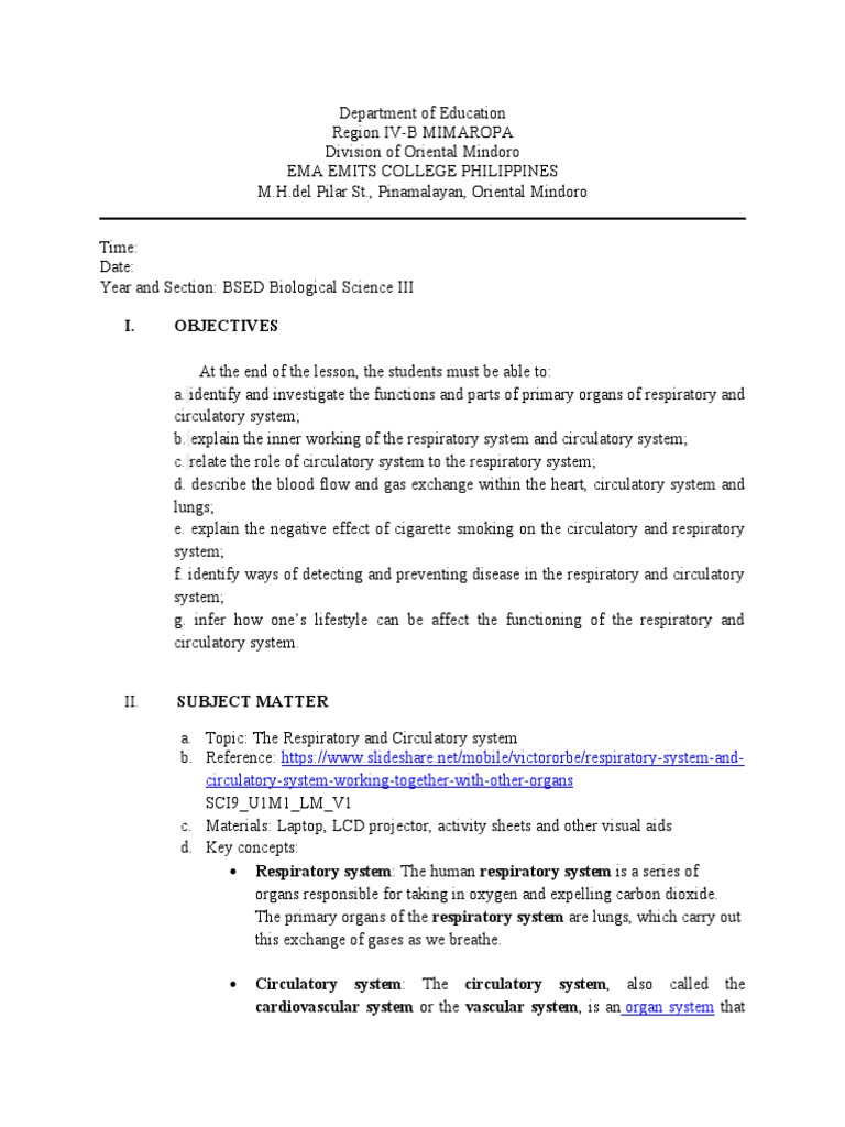 Respiratory and Circulatory System Detailed Lesson Plan | PDF ...