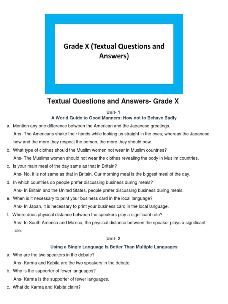 Textual Questions and Answers-Grade X: Unit - 1 A World Guide To Good ...