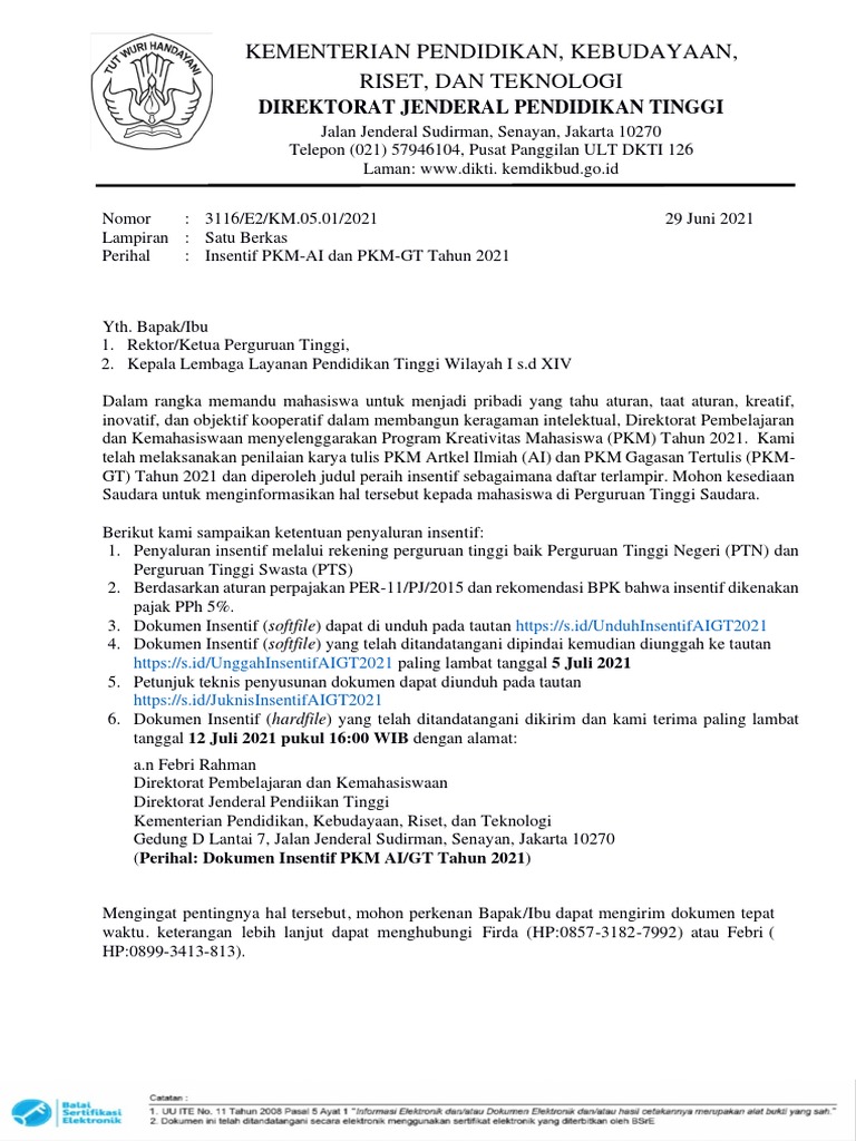 Pengumuman Insentif PKM AI Dan GT Tahun 2021 | PDF