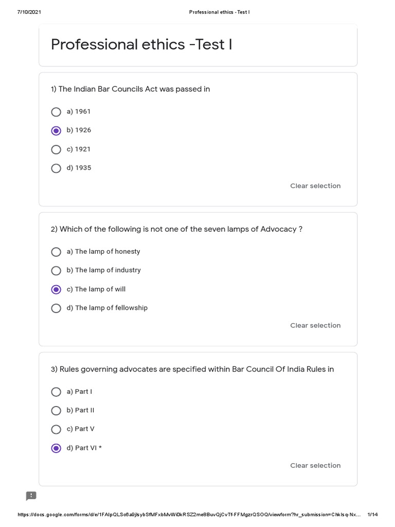 Professional Ethics - Test I | PDF | Advocate | Contempt Of Court