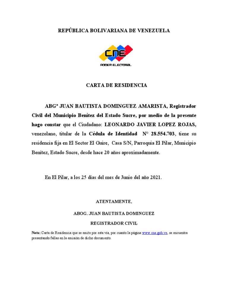 Carta de Residencia Cne | PDF | Venezuela | América del Sur