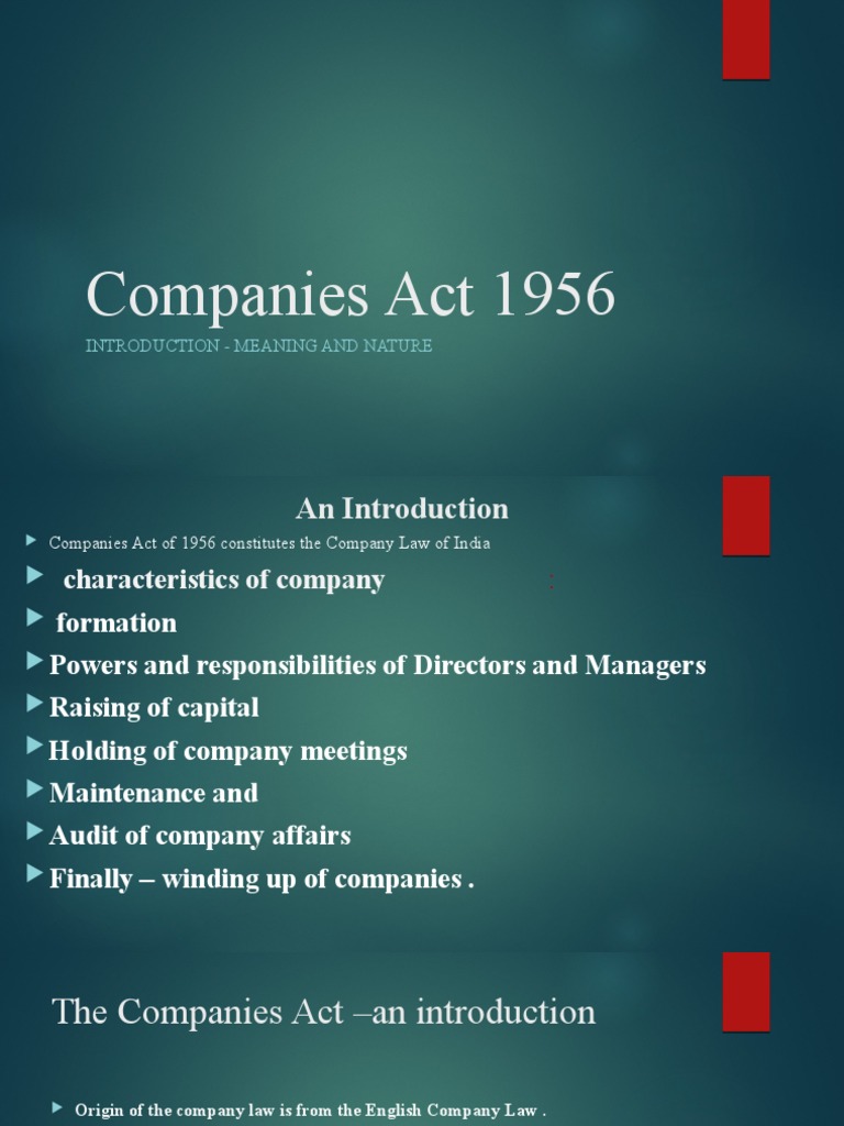 Companies Act 1956 - Intro | PDF | Joint Stock Company | Corporate Law