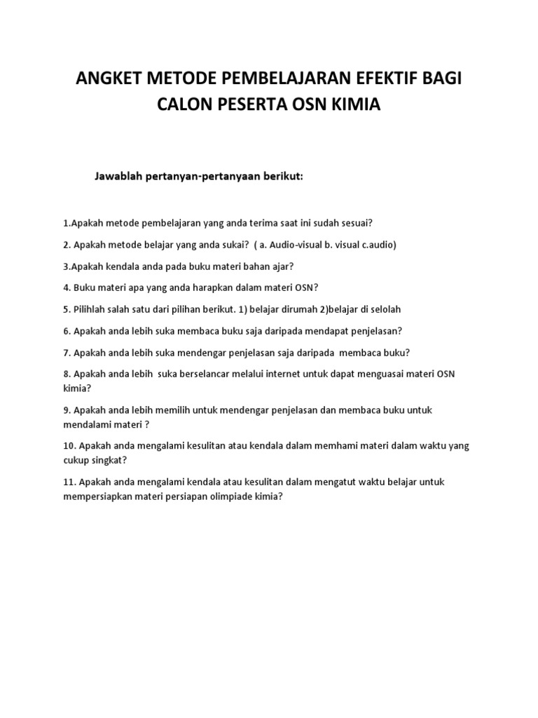 Angket Metode Pembelajaran Efektif Bagi Calon Peserta Osn Kimia | PDF