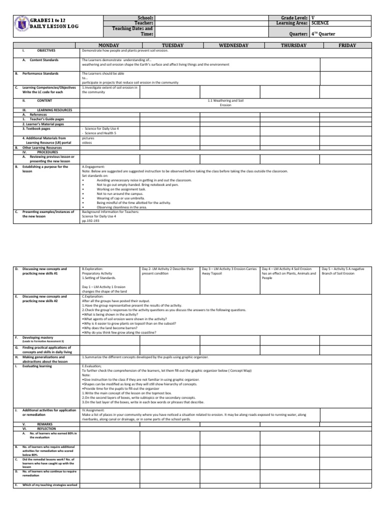 Grade 5 Q4 Science Daily Lesson Log | PDF | Topsoil | Learning